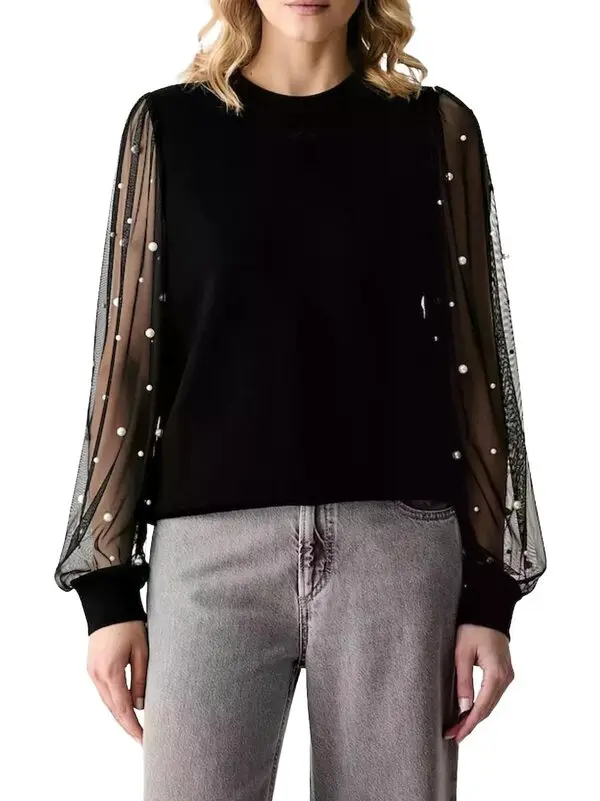 Karl Lagerfeld Faux-pearl Embellished Sheer-sleeve Top - Black
