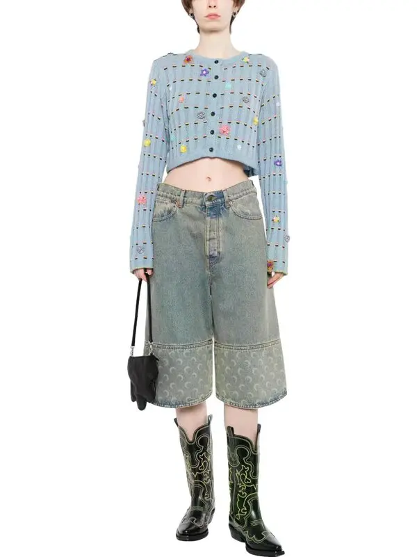 YANYAN Cropped Cardigan With Floral Embellishments - Blue