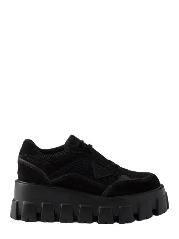 Prada Monolith Suede And Mesh Fabric Sneakers - Black