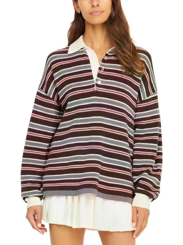 The Upside Striped Cotton Polo Sweater - Brown