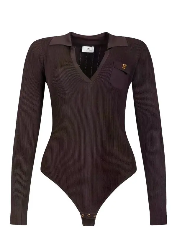 Elisabetta Franchi Ribbed Knit Bodysuit With Openwork Embroidery And Logo Detail - Brown