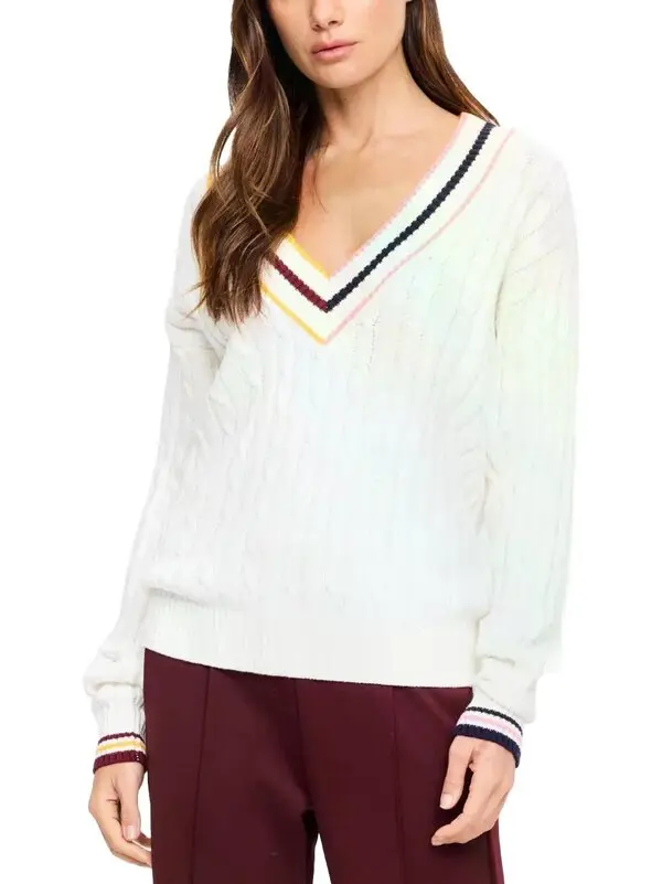 The Upside Josette Cable-knit V-neck Sweater With Stripe Trim - White