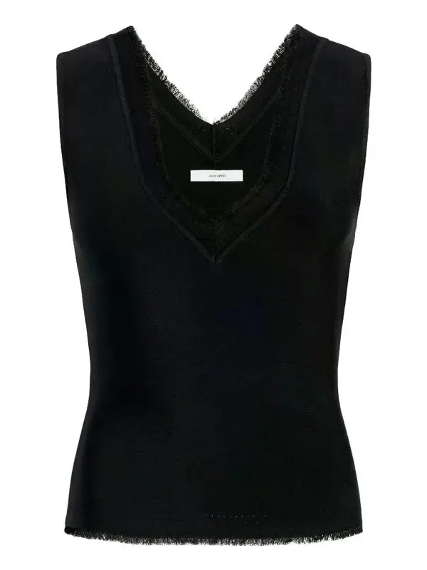 Adam Lippes Sleeveless V-neck Fringed Trim Top - Black