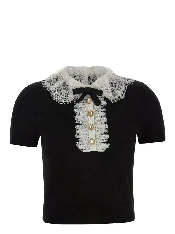 SELF-PORTRAIT Lace-collar Wool Knit Top - Black
