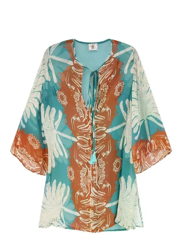BYE FIRENZE Printed Lace-up Shirt With Tassel Detail - Blue