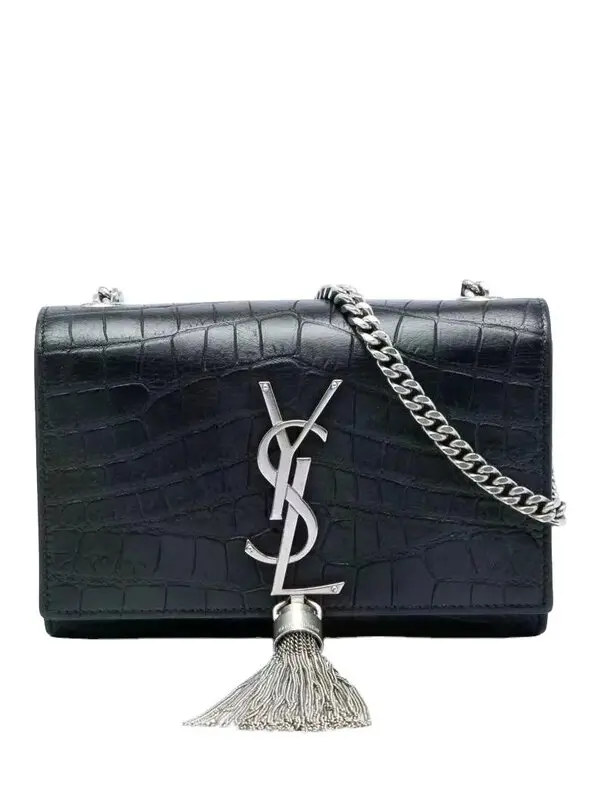 Saint Laurent Small Croc Embossed Leather Monogram Kate Tassel Crossbody Bag - Black