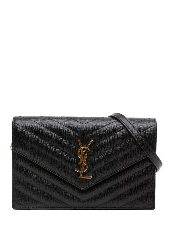 Saint Laurent Grain De Poudre Chevron Cassandre Envelope Chain Wallet Crossbody Bag - Black
