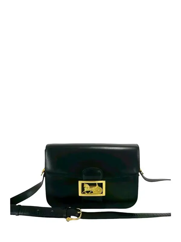 Celine 1970s Leather Horse Carriage Logo Flap Crossbody Bag - Black
