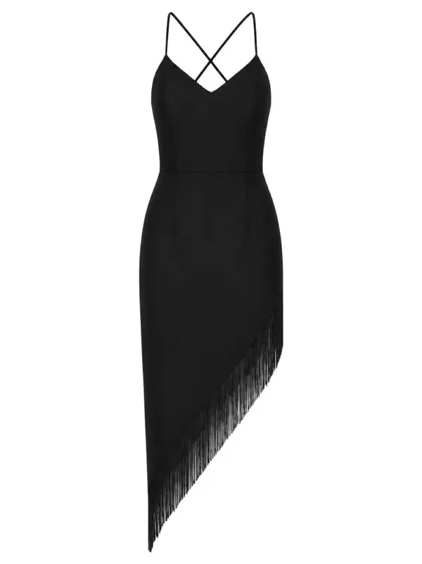 NOMI FAME Ondine Dress With Asymmetric Skirt And Beaded Fringes - Black