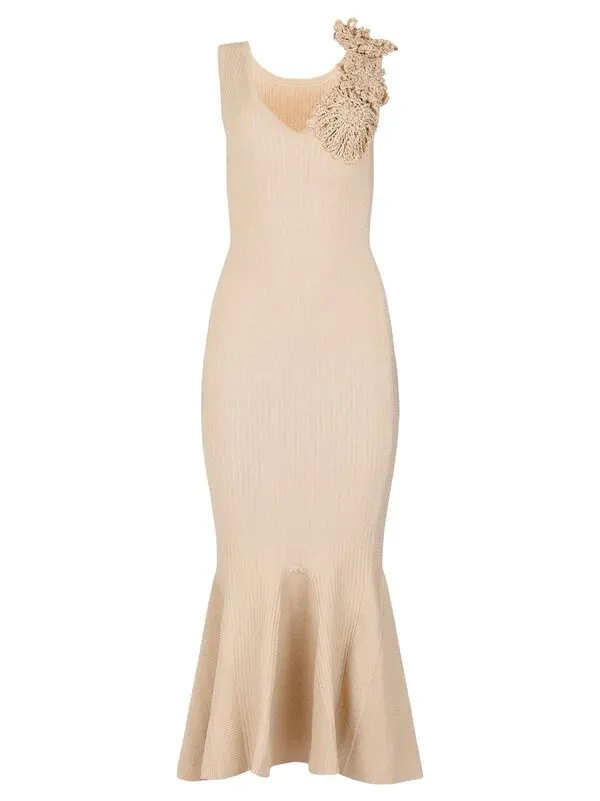 ANDREEVA Chrysanthemum Metallic Knit Dress With Handmade Embroidery - Beige