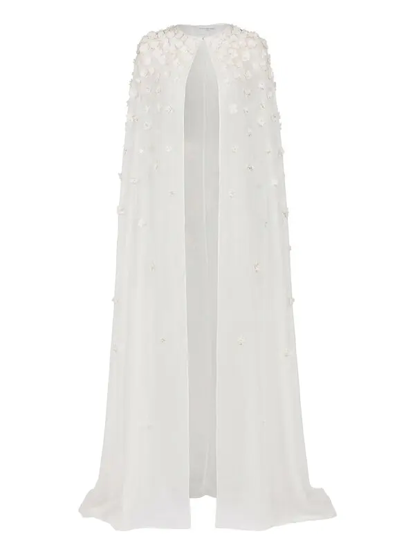 ALEXANDRA PIJUT Ivory Organza Cape With Fabric Flowers - White