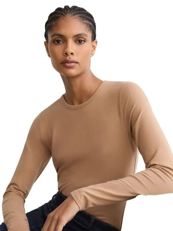 REISS Jada Cotton Long Sleeve T-shirt - Camel