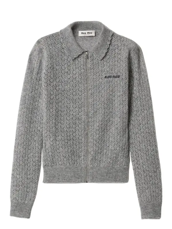 Miu Miu Cashmere And Silk Blend Cardigan With Crochet Trim - Grey