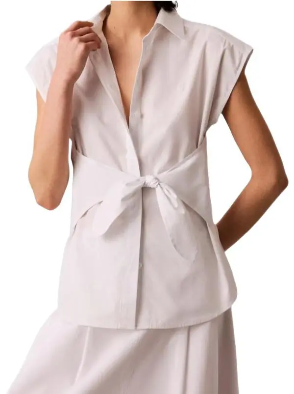 Calvin Klein Sleeveless Lapel Collar Shirt With Front Tie - White