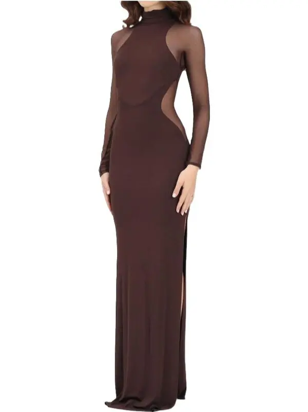 Elisabetta Franchi Sheer Paneled High Neck Maxi Dress - Brown