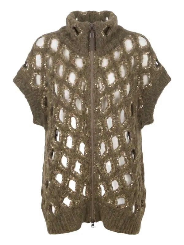 Brunello Cucinelli High Neck Short Sleeve Knitwear - Olive
