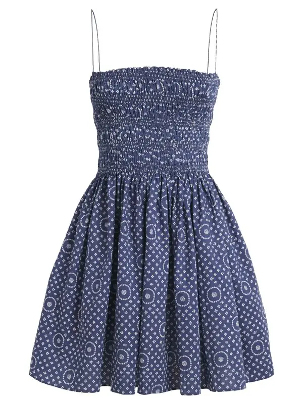 Matteau Shirred Cotton Mini Dress With Geometric Print - Navy