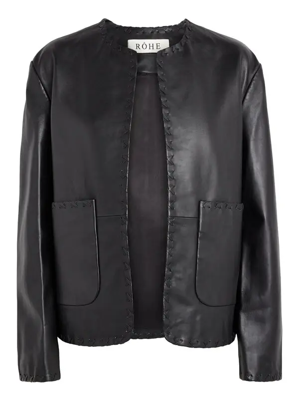 RÓHE Leather Jacket With Blanket Stitch Detailing - Black