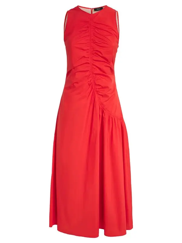 Theory Asymmetric Ruched Midi Dress - Red