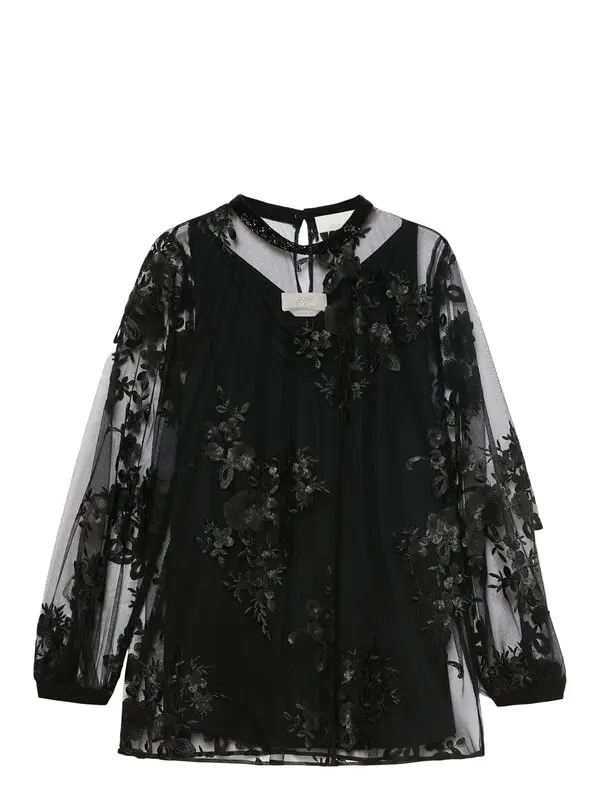 Marina Rinaldi Embellished Sheer Layered Blouse - Black