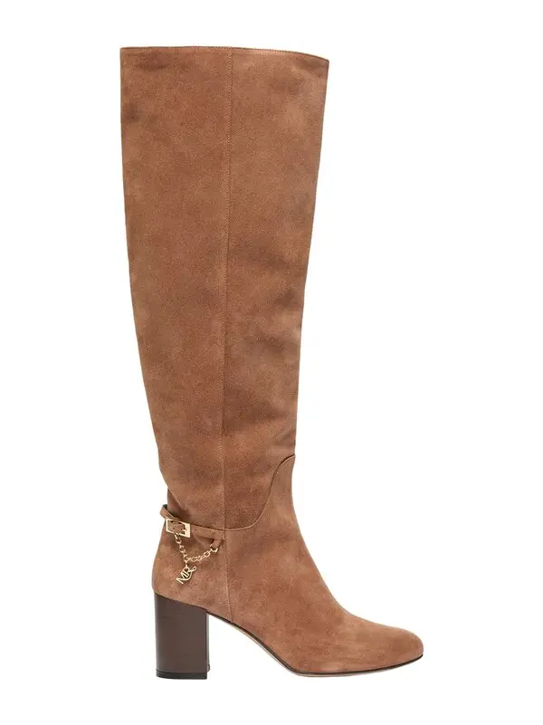 Marina Rinaldi Suede Knee High Boots With Block Heel And Chain Detail - Beige