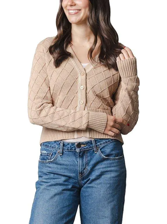 HOPE & HENRY Organic Cotton Lattice Texture V-neck Cardigan Sweater - Camel Heather