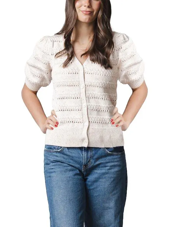 HOPE & HENRY Organic Puff Sleeve Button Front Sweater - Ivory Multi Fleck