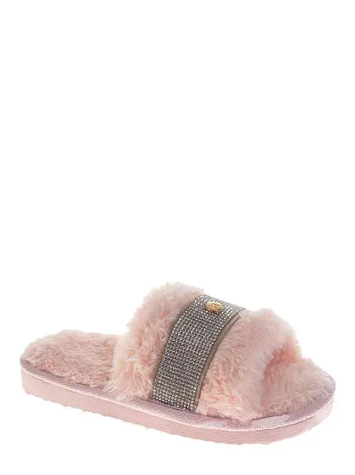 Badgley Mischka Embellished Faux Fur Slides - Pink