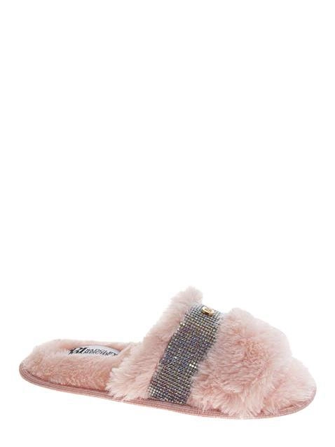 Badgley Mischka Embellished Faux Fur Slides - Pink