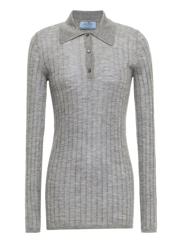 Prada Mélange Ribbed Cashmere And Silk-blend Polo Shirt - Gray