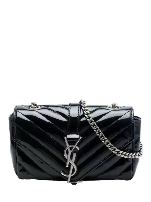 Saint Laurent 2015 Baby Chevron Patent Classic Monogram Chain Bag Crossbody Bag - Black