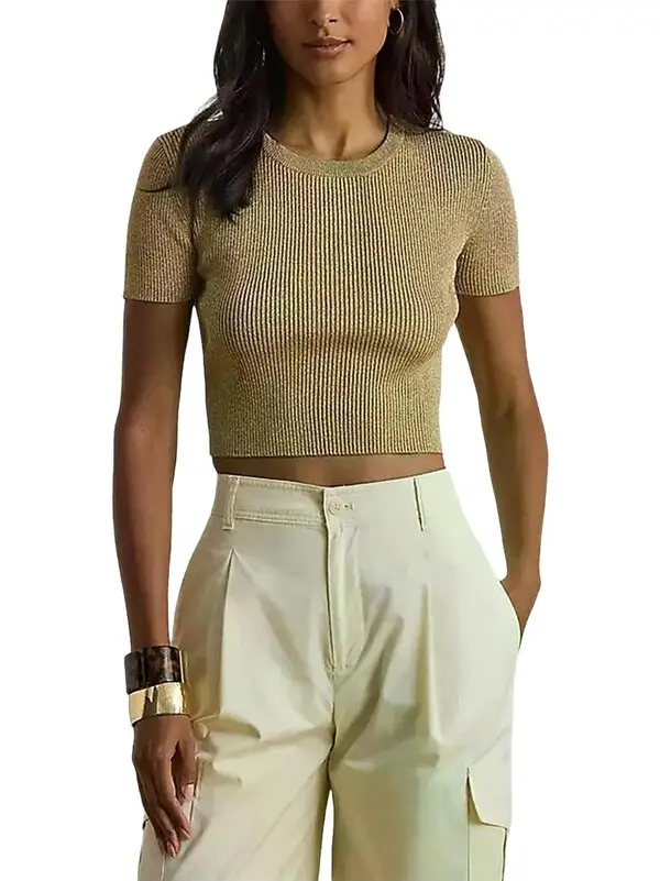 Ralph Lauren Metalised Ribbed-knit Cropped T-shirt - Gold