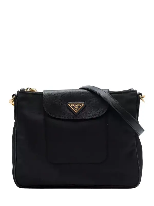 Prada Saffiano Trimmed Tessuto Crossbody Bag - Black