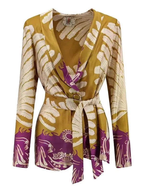 BYE FIRENZE Palma Leaf-print Belted Blazer - Yellow