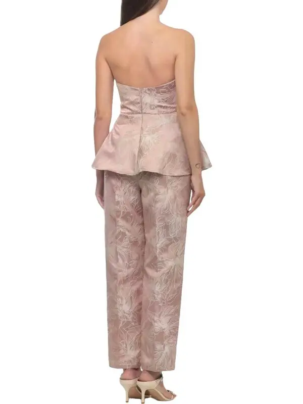 EMME Floral Embroidered Strapless Peplum Top And Trousers Set - Pink