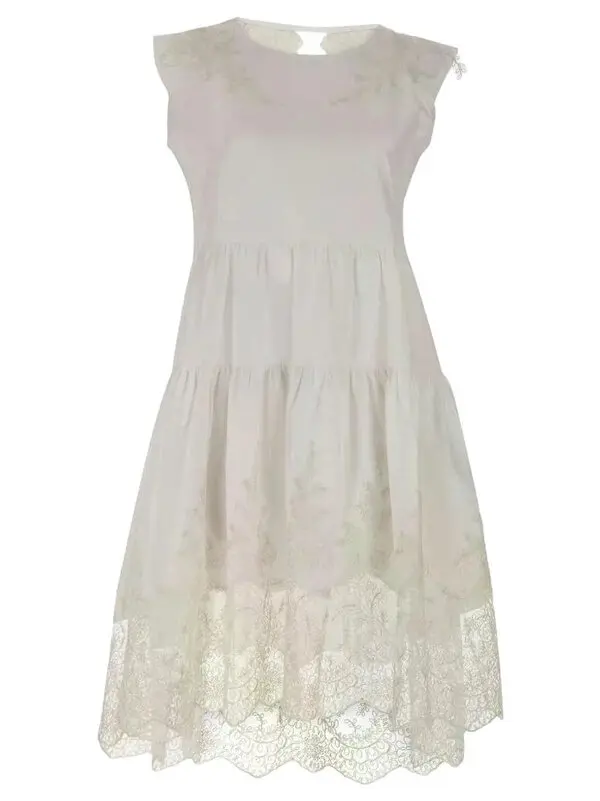MAURIZIO MYKONOS Sleeveless Lace Insert Ruffled Midi Dress - White