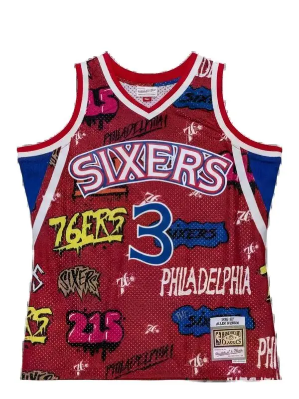 Mitchell & Ness 1996 Philadelphia 76ers Allen Iverson Slap Sticker Swingman Jersey - Red