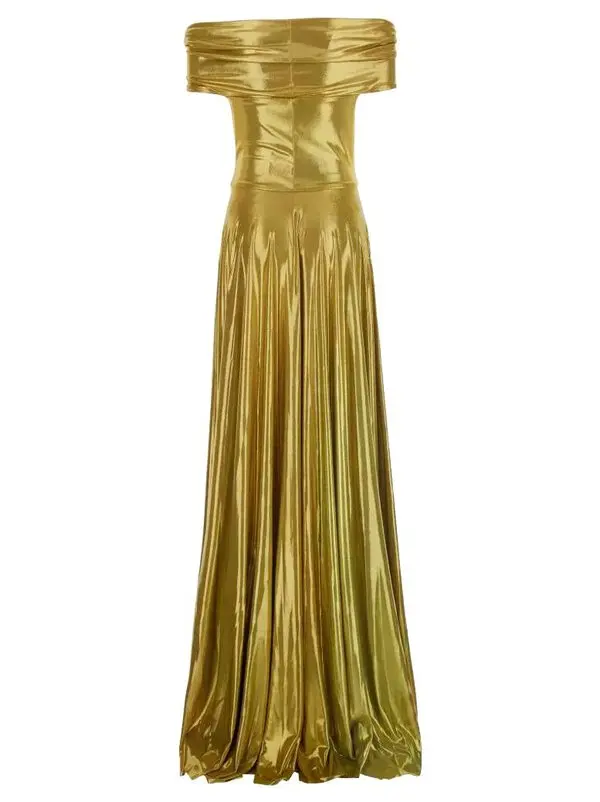 Norma Kamali Off-shoulder Metallic Pleated Maxi Dress - Gold