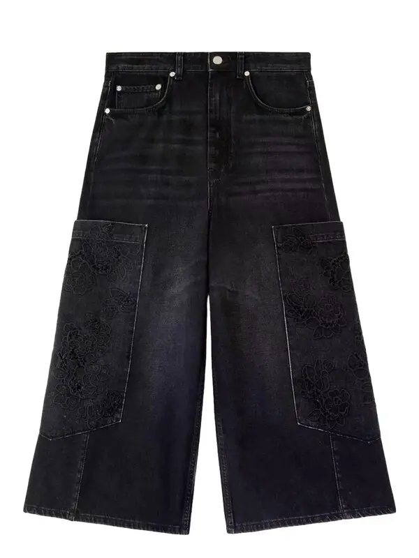 GANNI Floral Embroidered Cargo Jeans - Black