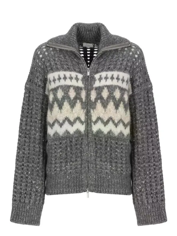 Peserico Sequin Embellished Perforated Zip-up Sweater - Grey