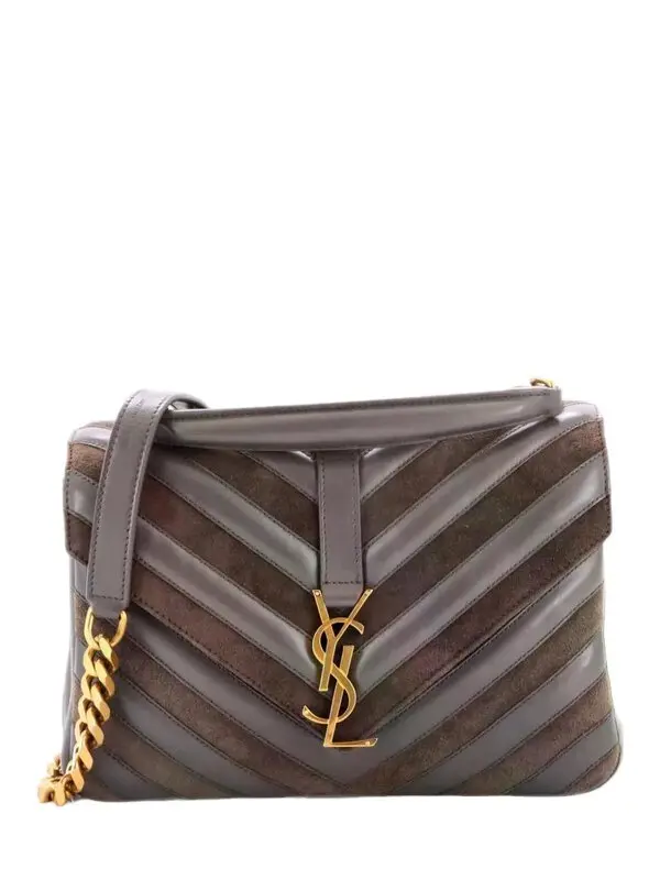 Saint Laurent Classic Monogram College Bag Matelasse Chevron Leather And Suede Medium Shoulder Bag - Grey