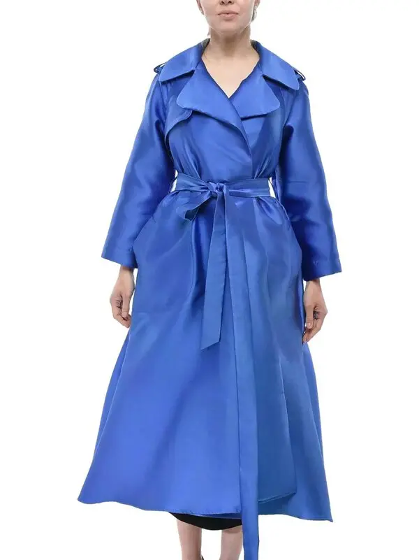 SUPER BLOND Satin Finish Belted Trench Coat - Blue