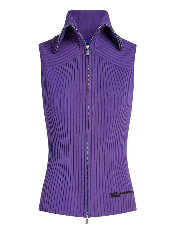 Karl Lagerfeld Ribbed Knit High Neck Zip Vest - Purple
