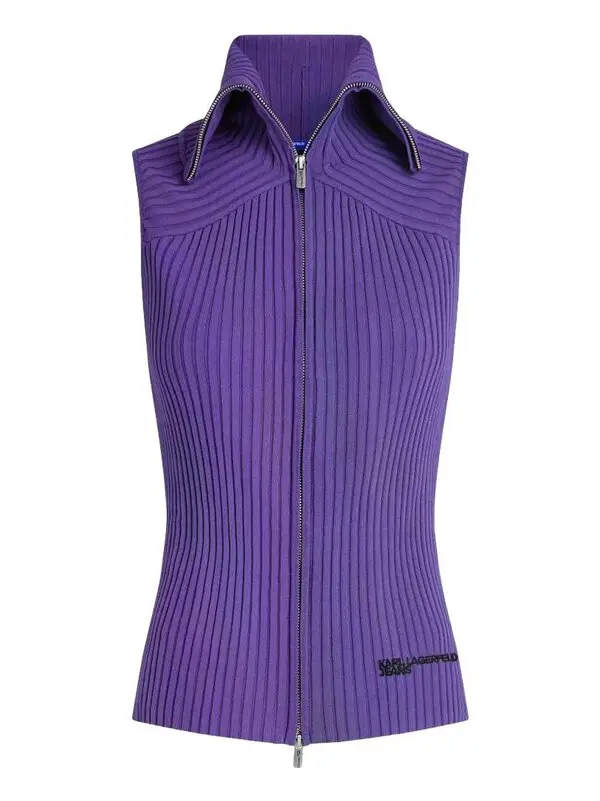 Karl Lagerfeld Ribbed Knit High Neck Zip Vest - Purple