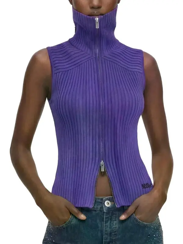Karl Lagerfeld Ribbed Knit High Neck Zip Vest - Purple