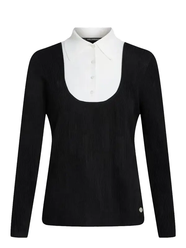 Karl Lagerfeld Ribbed Knit Layered Sweater With Pointed Collar - Black