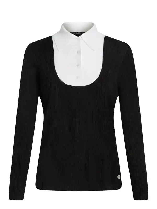 Karl Lagerfeld Ribbed Knit Layered Sweater With Pointed Collar - Black