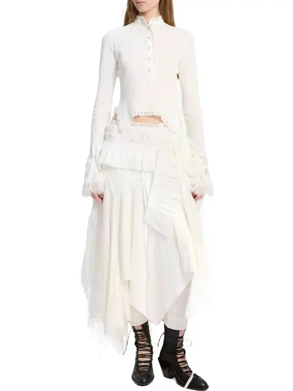 ANN DEMEULEMEESTER Ribbed Knit Lace Trim Top - White