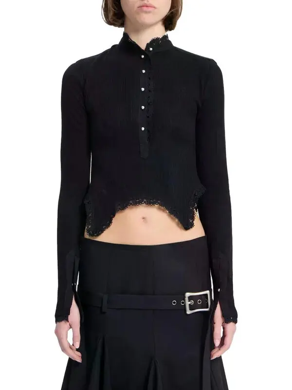 ANN DEMEULEMEESTER Lace-trim Cropped Ribbed Top - Black