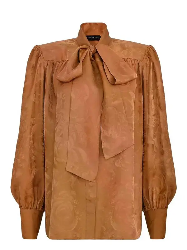 JACOB LEE Silk Floral Jacquard Pussy-bow Blouse - Brown